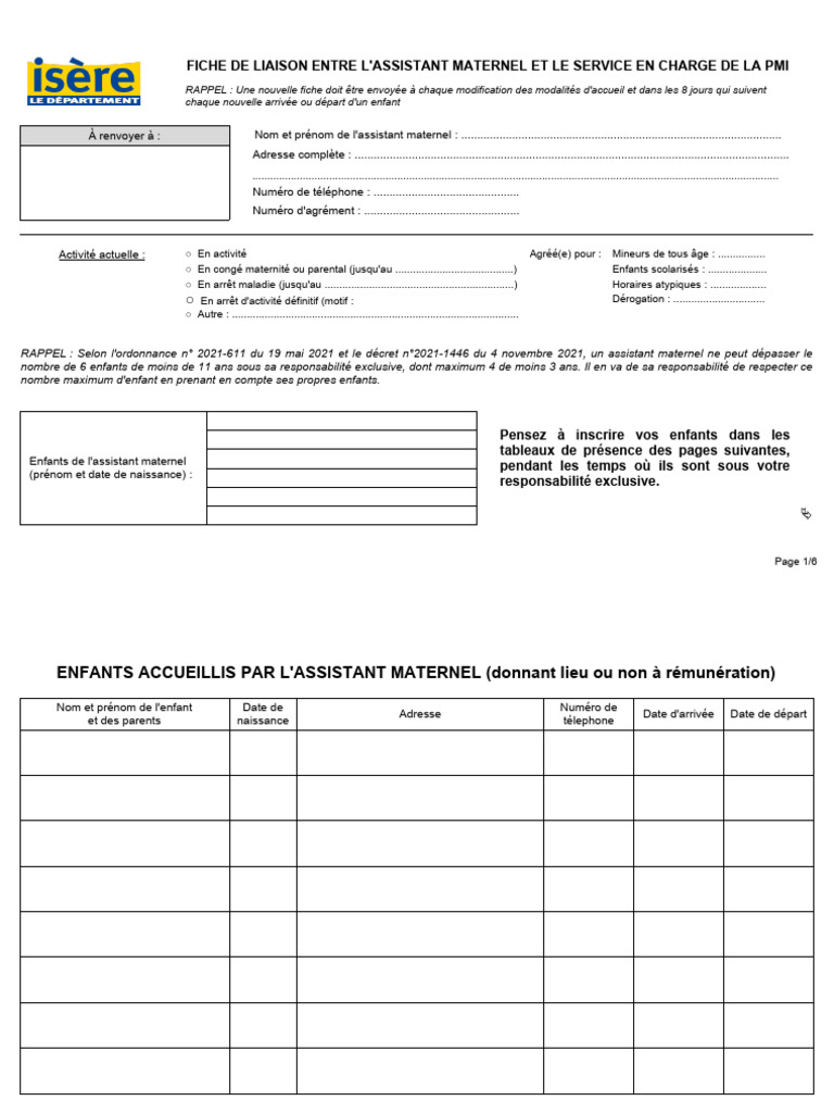 Fiche de liaison assistant maternel PMI | PDF