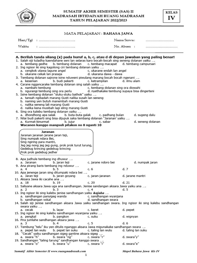 Soal SAS Bahasa Jawa Kls 4 | PDF | Seni & Disiplin Bahasa | Seni