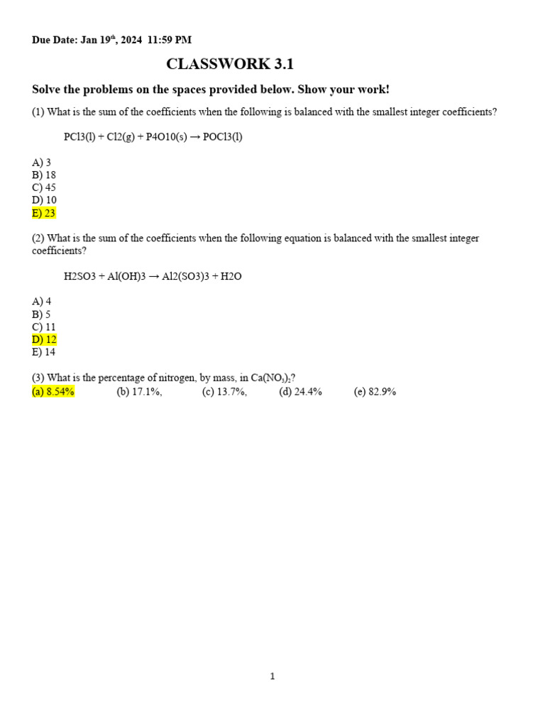 Classwork 3.1 (Elective) - Answers | PDF