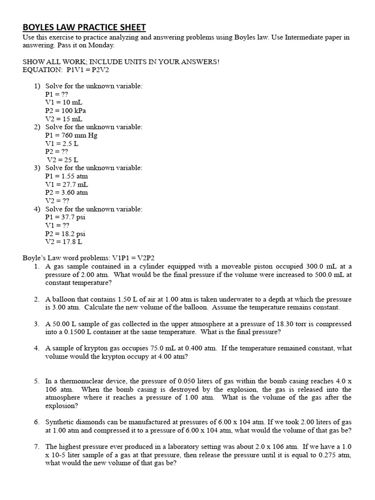 Boyles Law Practice Sheet | PDF | Atmospheric Pressure | Pressure