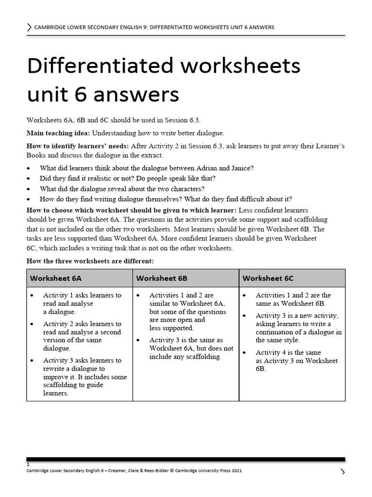 LS English 9 U6 Diff Worksheets Answers | PDF | Learning | Human ...