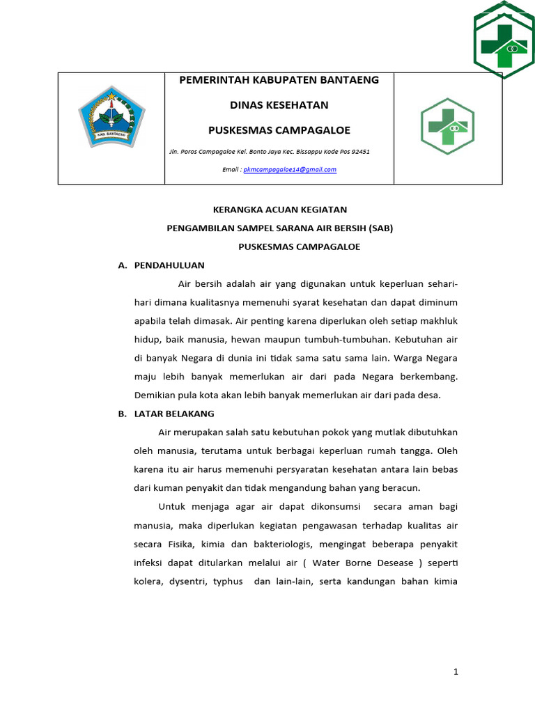 KAK Pengambilan Sampel Sarana Air Bersih (SAB) | PDF