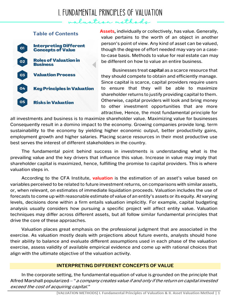 (VAL. METH.) I. Fundamental Principles of Valuation & II. Asset ...