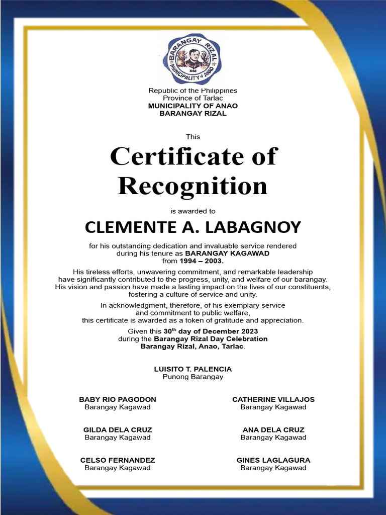 Certificate of Recognition For Barangay Rizal | PDF | Philippines