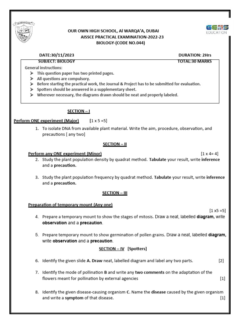 Sample Practical Paper - Biology | PDF | Pollination | Genetics