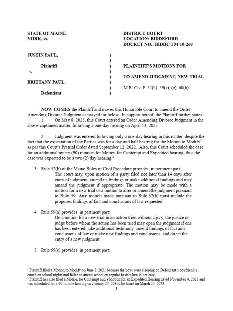 Motion to Amend Divorce Judgment | PDF | Child Support | Judgment (Law)