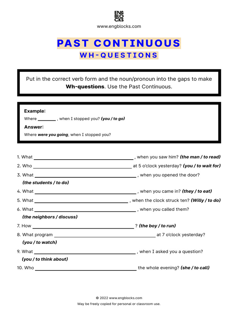 Past Continuous WH Questions Exercises | PDF | Language Arts ...
