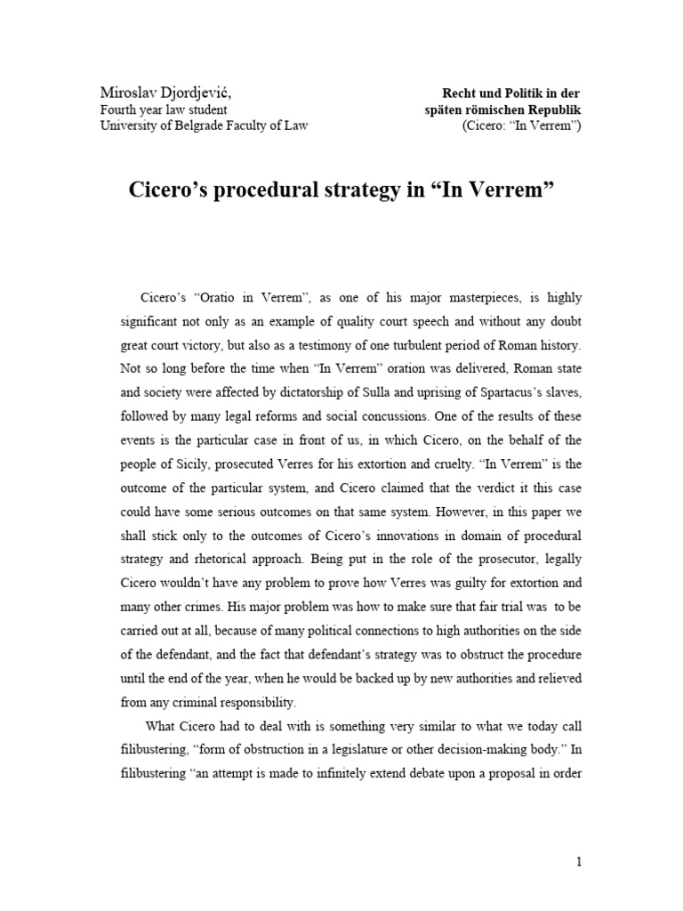 Cicero's Procedural Strategy in in Verrem | PDF | Rhetoric | Cicero