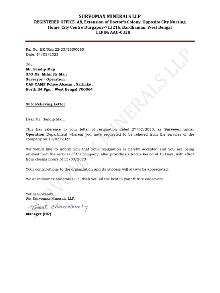 Relieving Letter for Sandip Maji | PDF