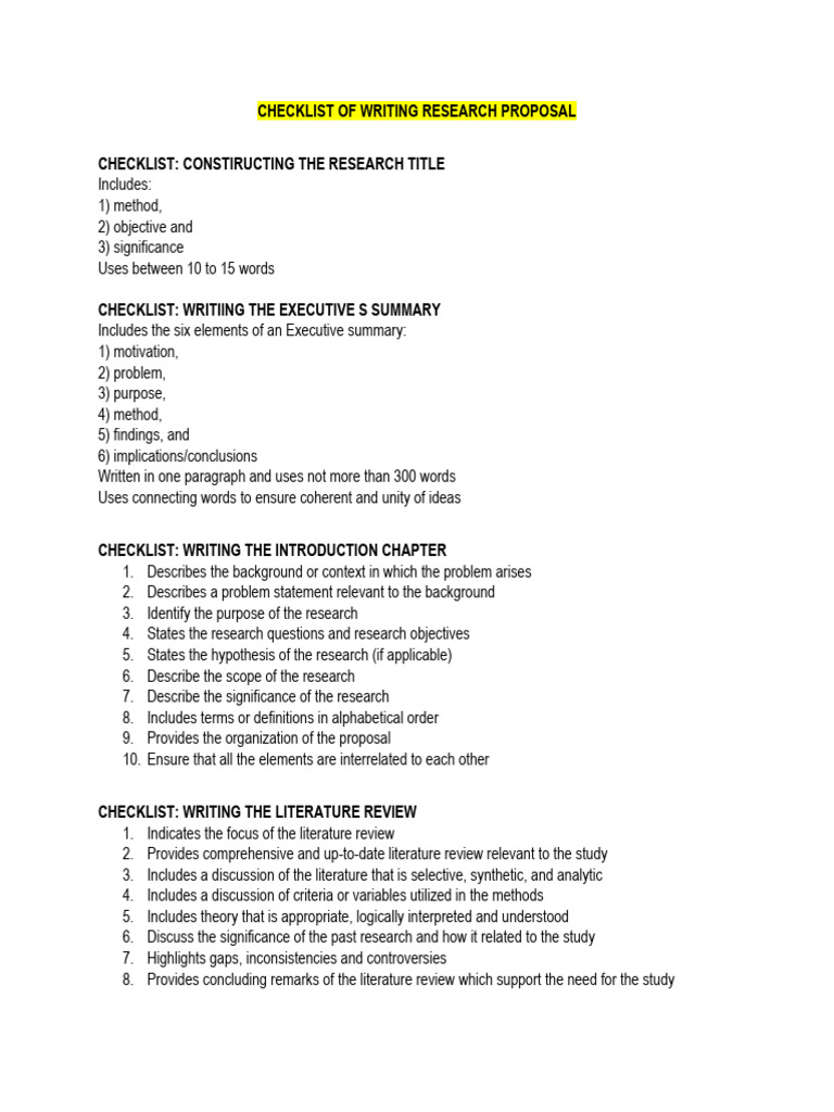 Checklist of Writing Research Proposal Checklist: Constiructing The ...