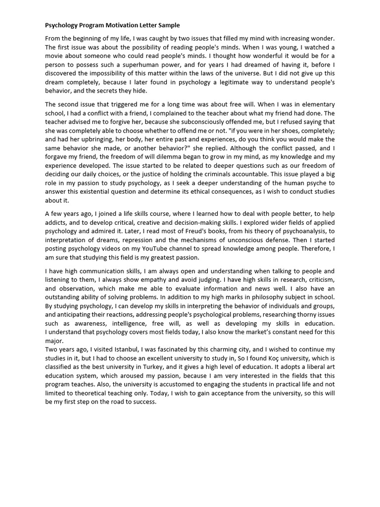 Motivational Letter for Psychology Program | PDF | Psychology | Free Will
