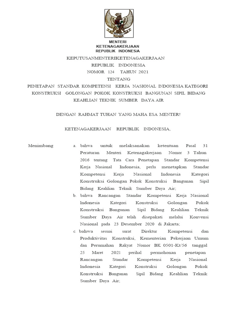 SKKNI 2021-124 Ahli Teknik Sumber Daya Air PDF | PDF