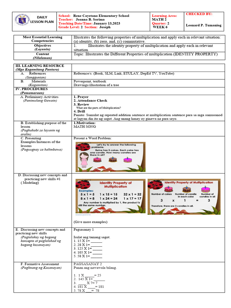 Grade 2 Math Lesson Plan: Multiplication Properties | PDF | Mathematics | Human Communication