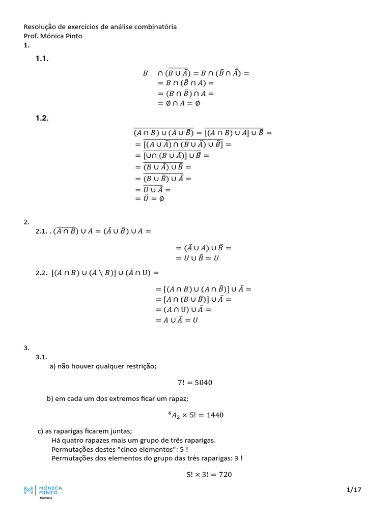 Res - Ficha Exercicios Analise Combinatoria | PDF | Conjunto (Matemática) | Lógica