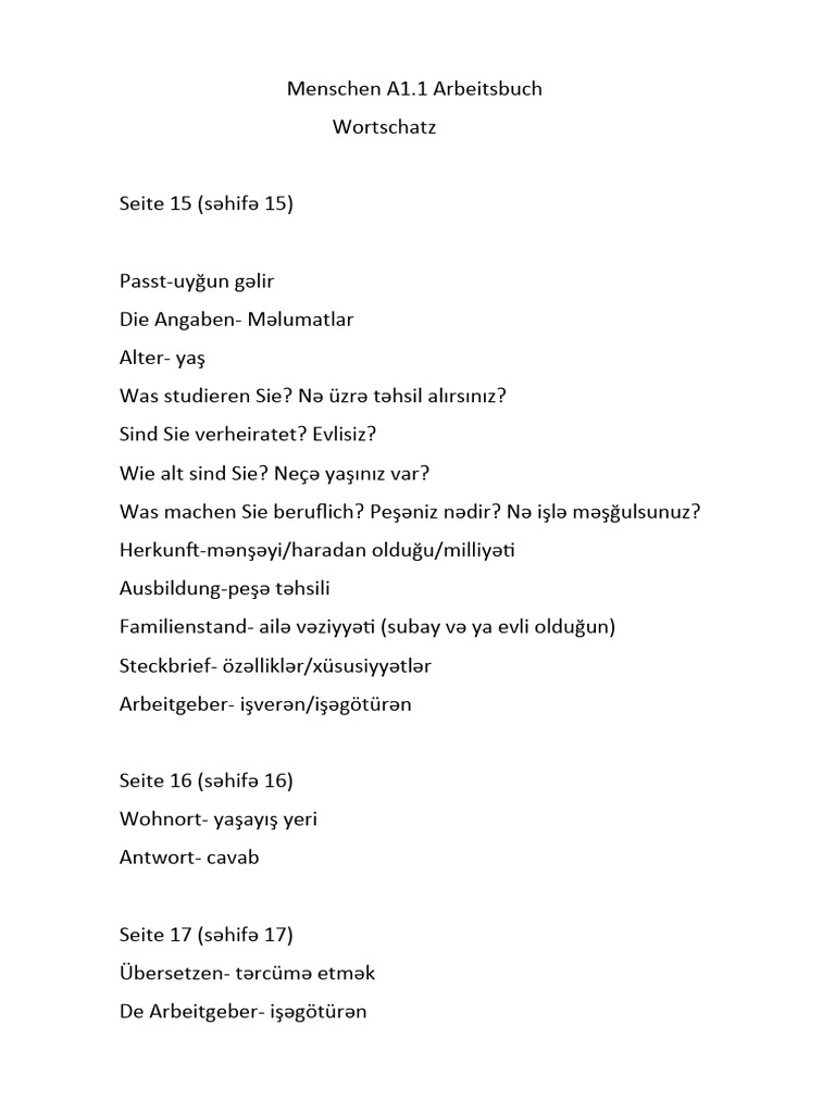 Menschen A1.1 Arbeitsbuch Wortschatzz | PDF