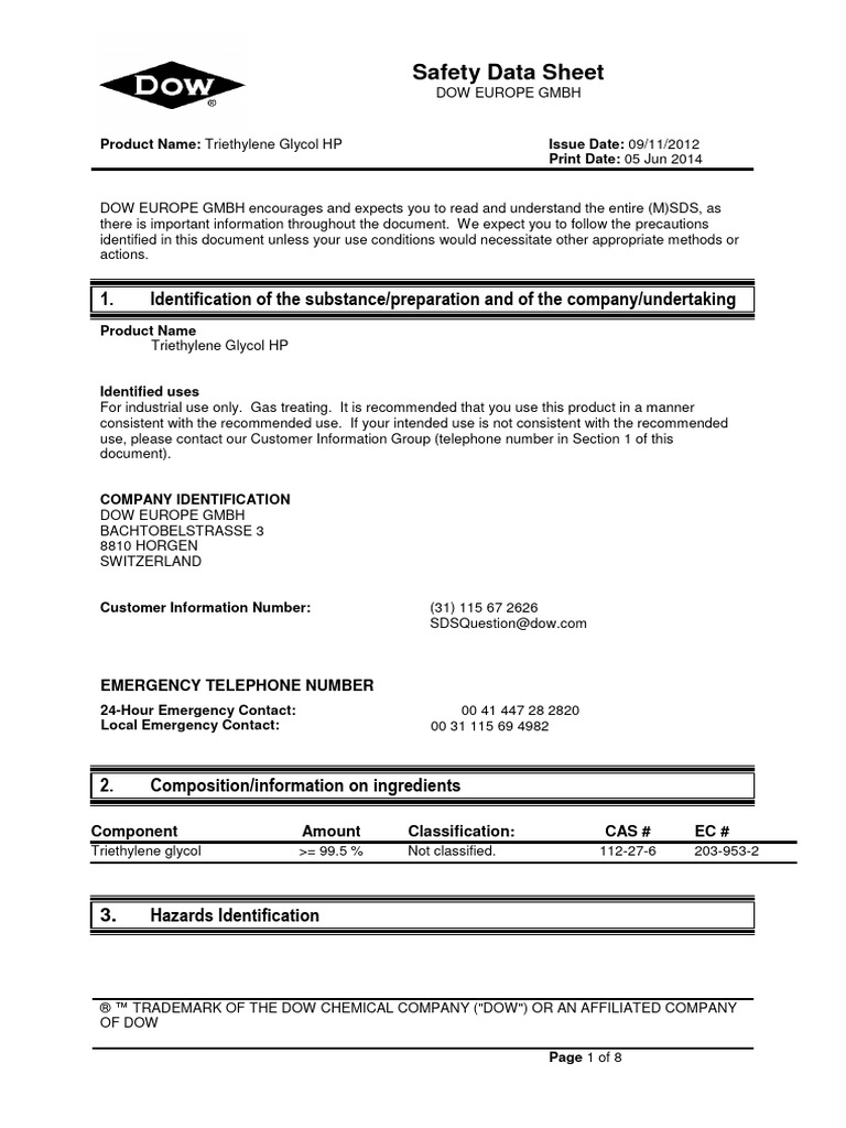 Triethylene Glycol HP (MSDS) | PDF | Chemistry