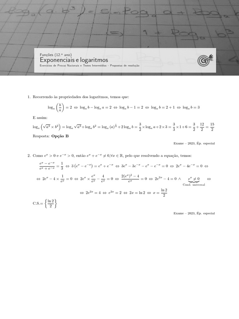 Funções - Exponenciais e Logaritmos (12.º Ano) - 1 - Resoluções | PDF ...