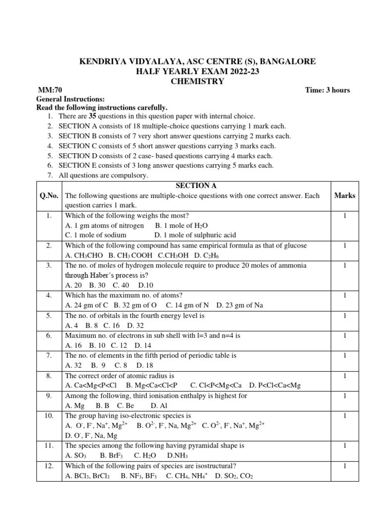 Class Xi Chemistry Half Yearly 2022 Pdf Atomic Orbital
