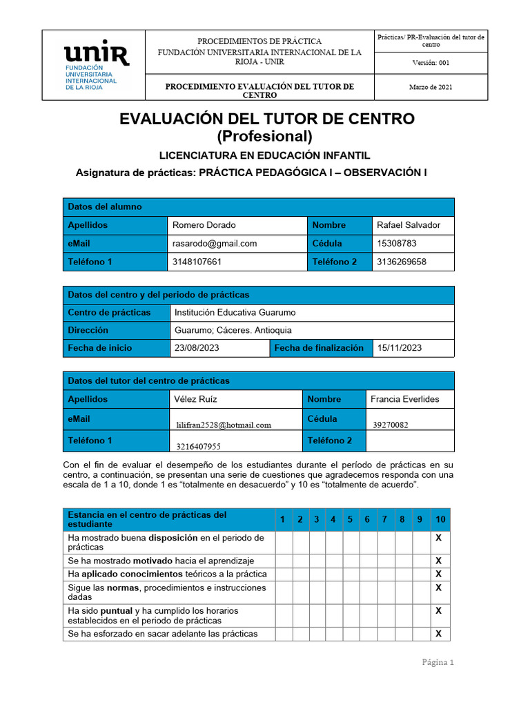 P.evaluación Tutor Profesional - Práctica Pedagógica I - Observación I | PDF | Enseñando ...