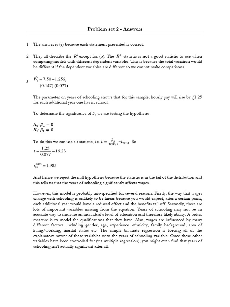 Problem Set 2 - Answers | PDF | Bias Of An Estimator | Dependent And ...