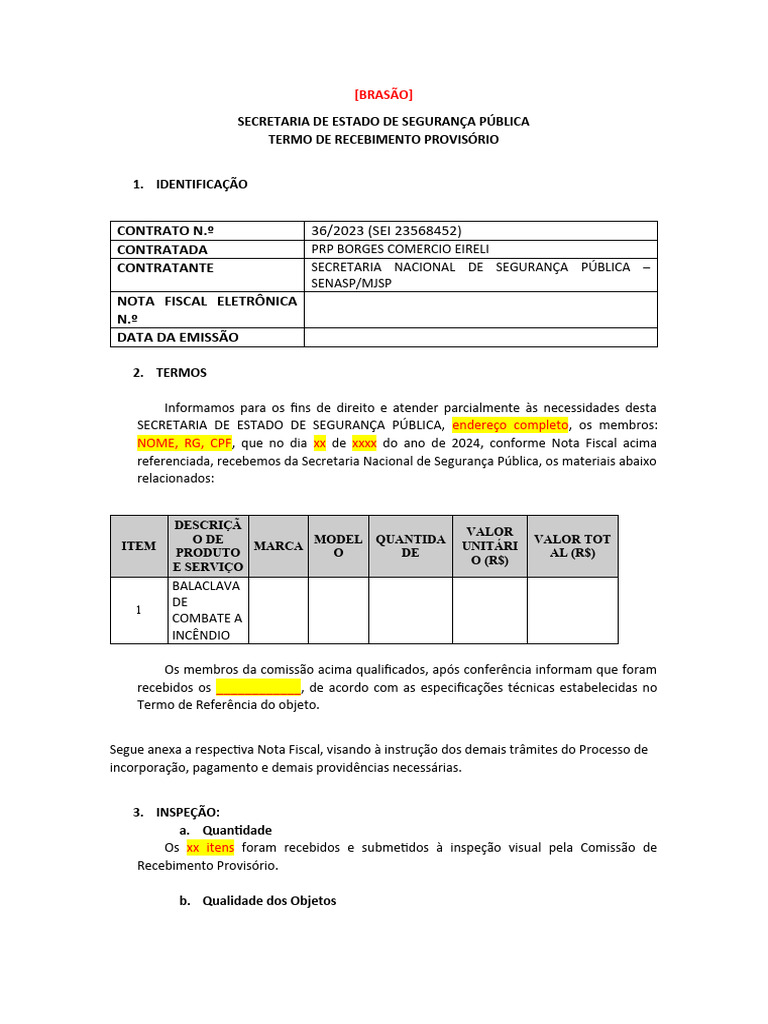 Termo de Recebimento Provisório - Segurança Pública | PDF