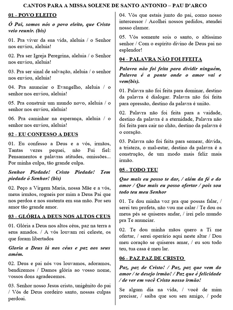 Cantos para A Missa Solene de Santo Antonio | PDF | Santo | Amor