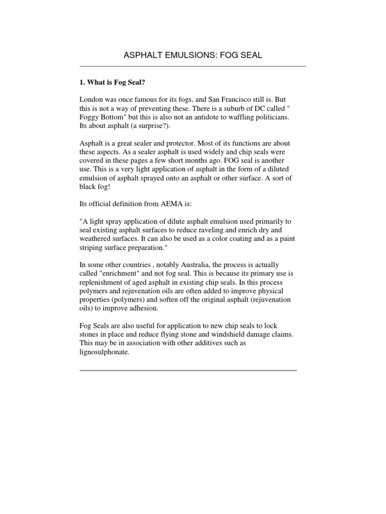 Asphalt Emulsions: Fog Seal | PDF | Asphalt | Emulsion