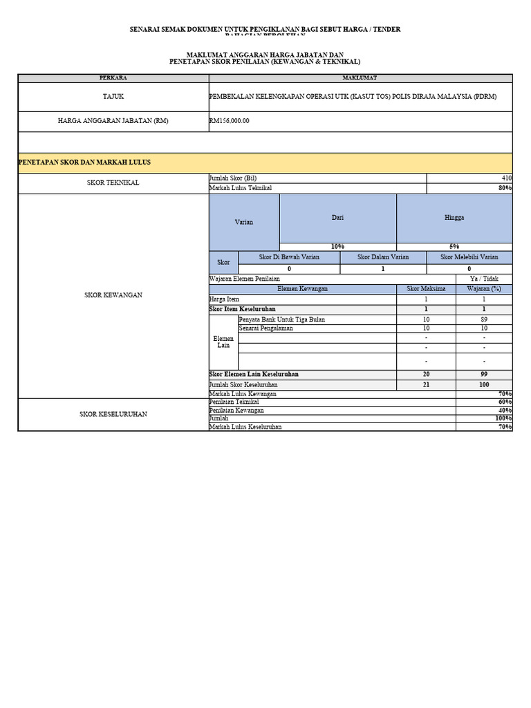 TEMPLATE MAKLUMAT HARGA DAN PEMARKAHAN PENILAIAN TENDER Dan SEBUTHARGA ...