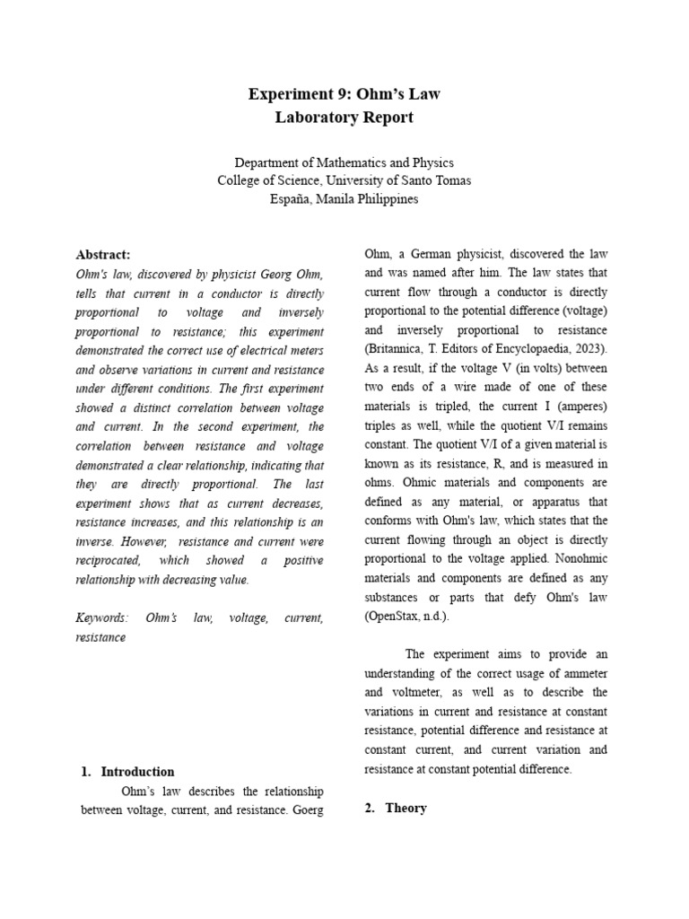 SCI409L - Expt-9 - Ohm's Law | PDF | Electrical Resistance And Conductance | Electrical Network