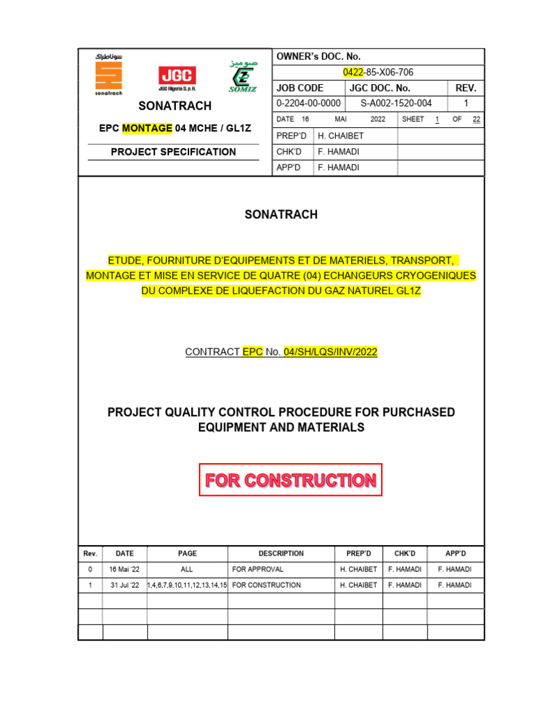 Sonatrach: Owner'S Doc. No. 0422-85-X06-706 Job Code JGC Doc. No. Rev ...