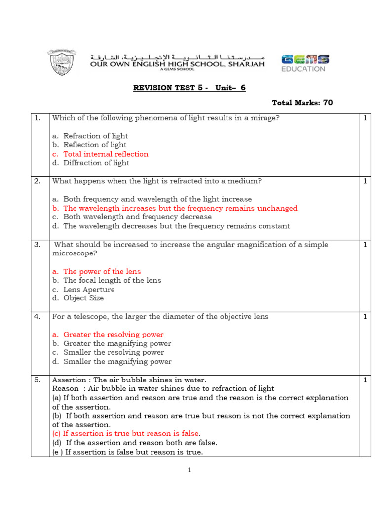 Physics Light Phenomena Revision Test | PDF | Angular Resolution ...