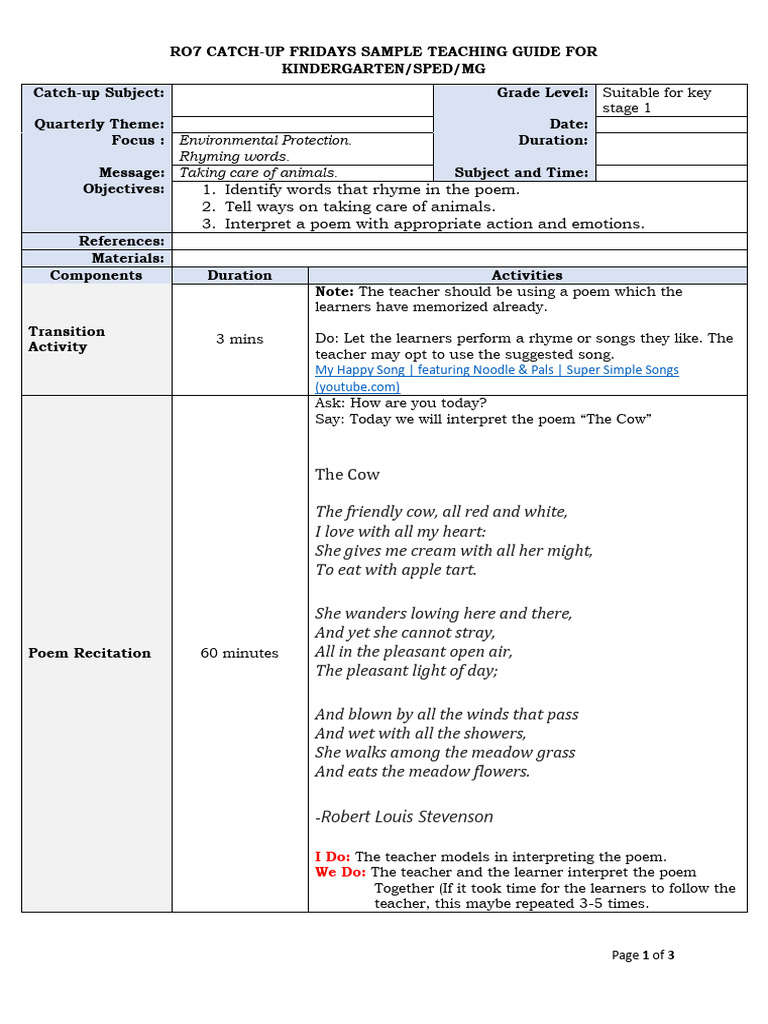 Sample 2 RO7 Teaching Guide Catchup Friday | PDF | Poetry