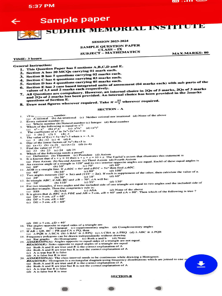 Sample Paper Class 9 | PDF