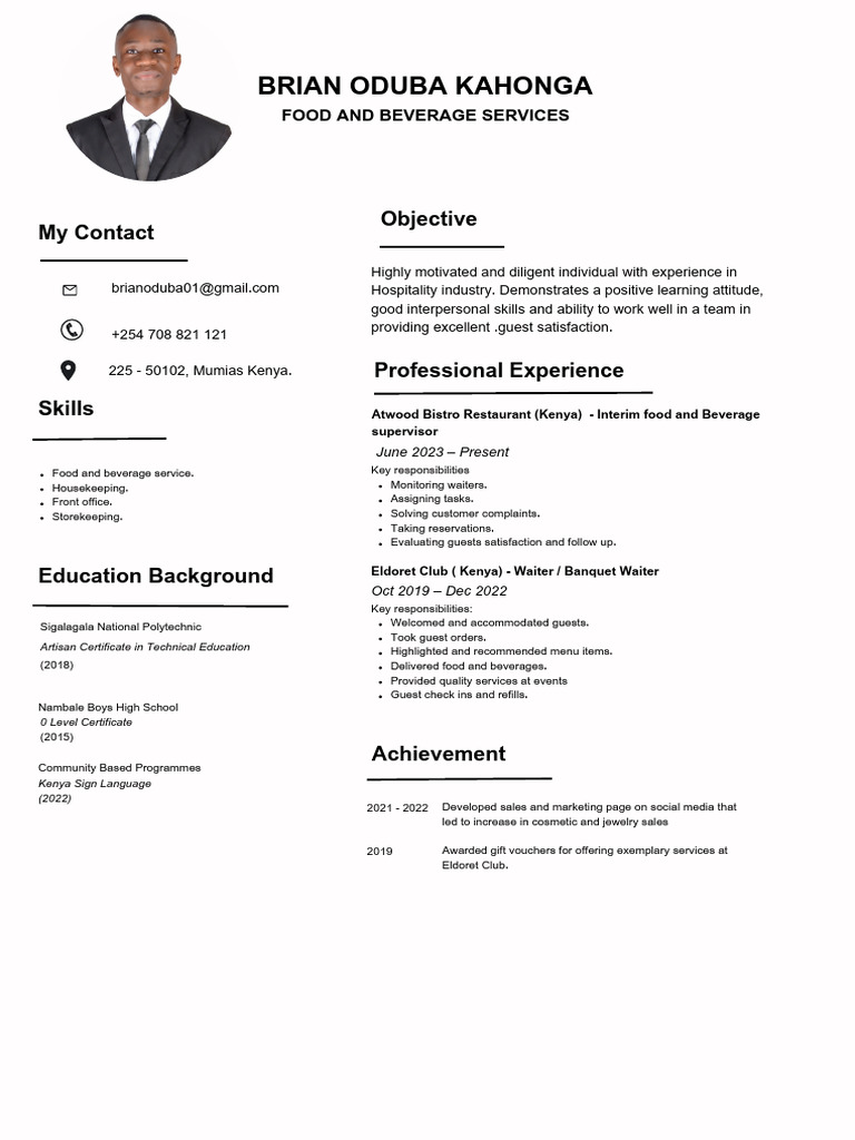 Brian Resume | Download Free PDF | Waiting Staff | Foodservice