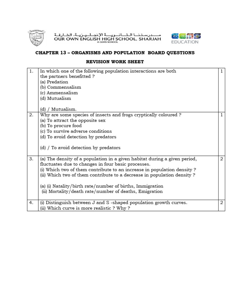 Organisms and Population_ REVISION WS (1) | PDF