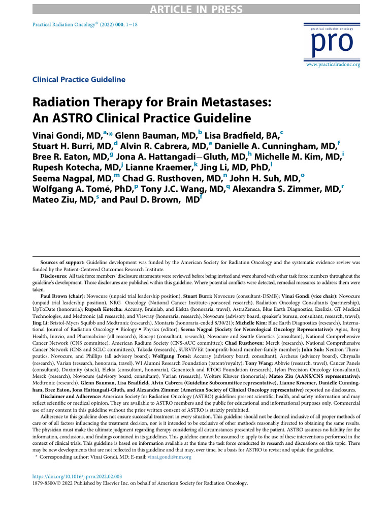 SRS Radiation Therapy For Brain Metastases ASTRO GUIDELINES GONDI 22 ...