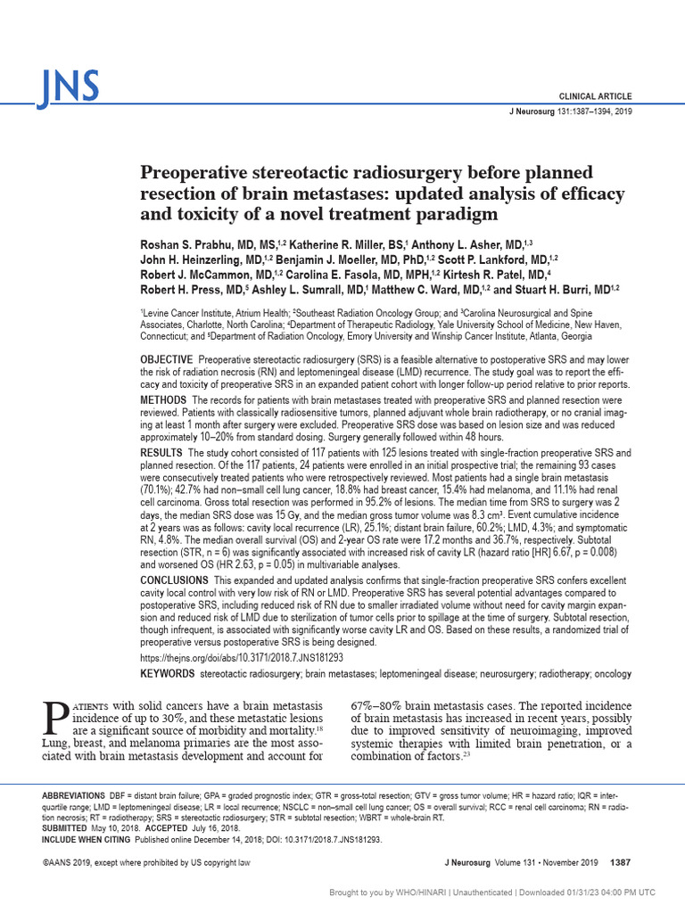 SRS Mets Preoperative Stereotactic Radiosurgery Before Planned Resection of Brain Metastases ...