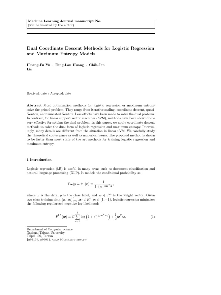 Dual Coordinate Descent Methods For Logistic Regression And Maximum Entropy Models Pdf