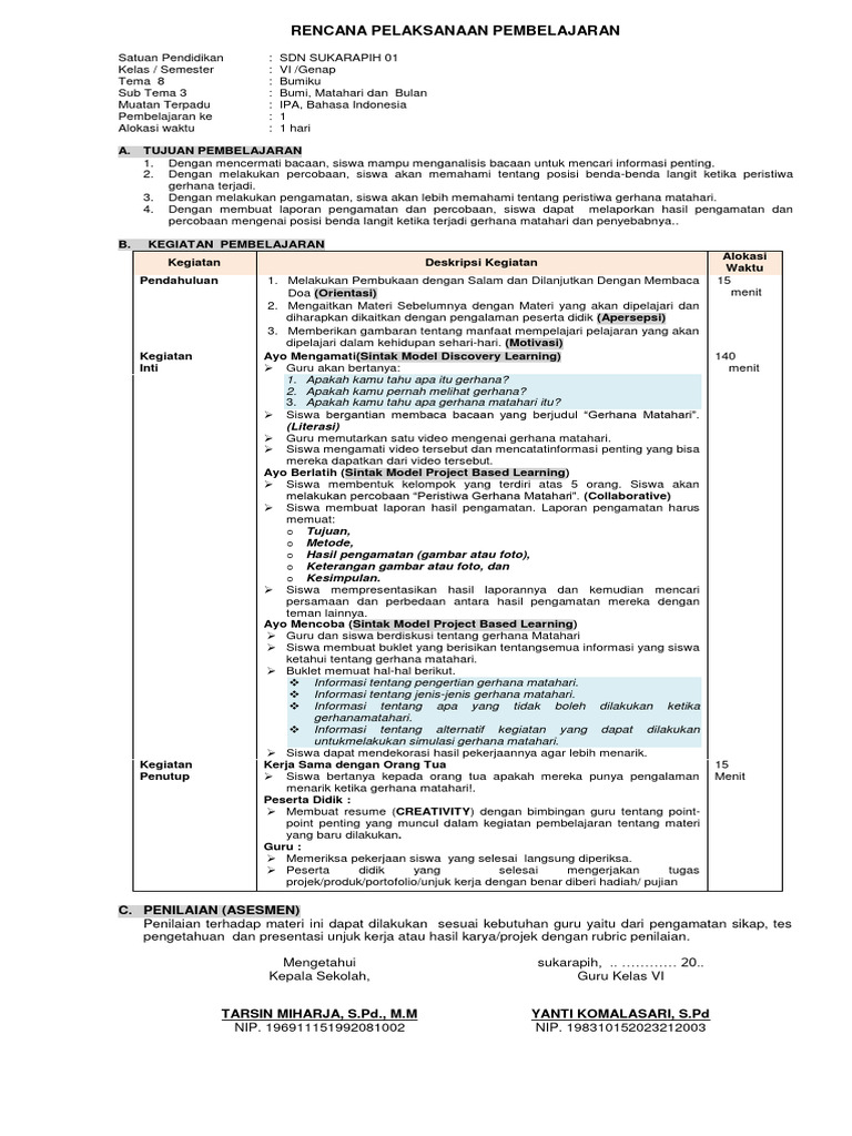 RPP 1 Lembar KLS 6 TM 8 ST 3 | PDF
