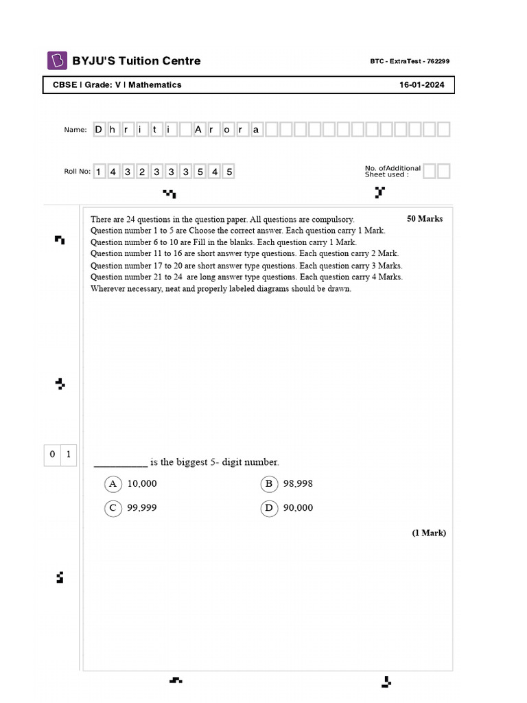 CBSE Grade v Mathematics 16-01-2024 | PDF | Numbers | Area