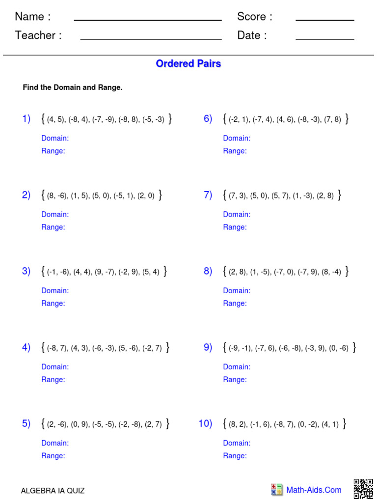 Alg 1a Domain-Range-Quiz Version | PDF