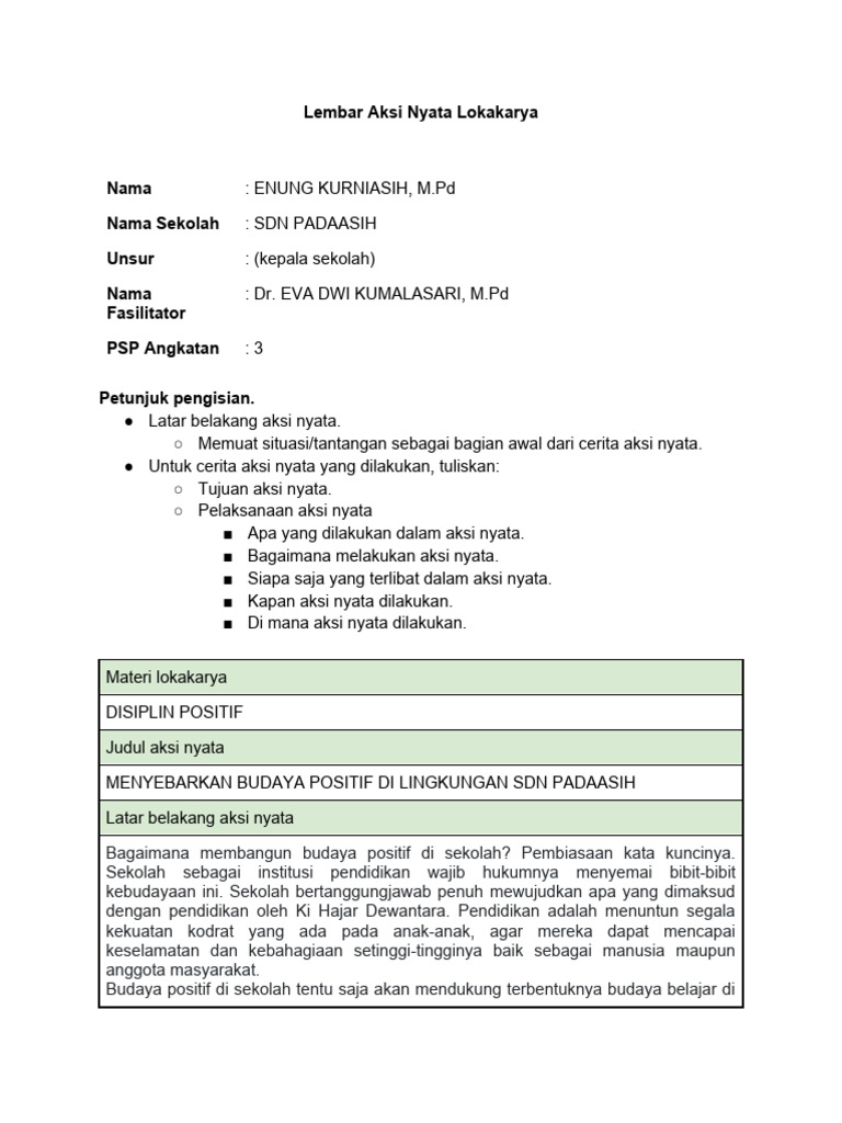 Lembar Aksi Nyata Lokakarya Ibu Enung | PDF