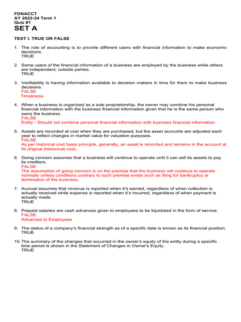 FDNACCT - Quiz #1 - Answer Key - Set A | Download Free PDF | Expense | Equity (Finance)