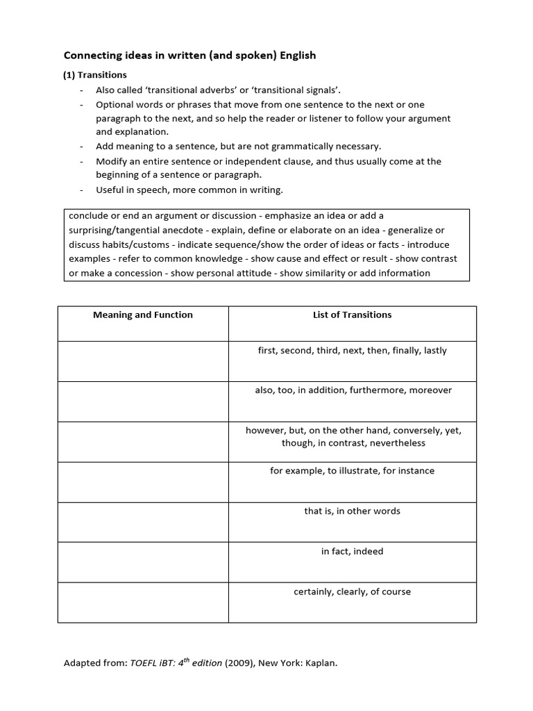Connecting Ideas - Transitions | PDF | Sentence (Linguistics) | Word