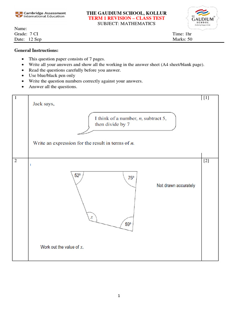 Term 1 Revision Test Paper | PDF | Tools | Elementary Geometry