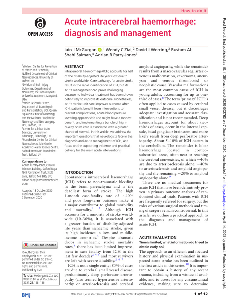 Acute Intracerebral Haemorrhage | PDF | Stroke | Blood Pressure
