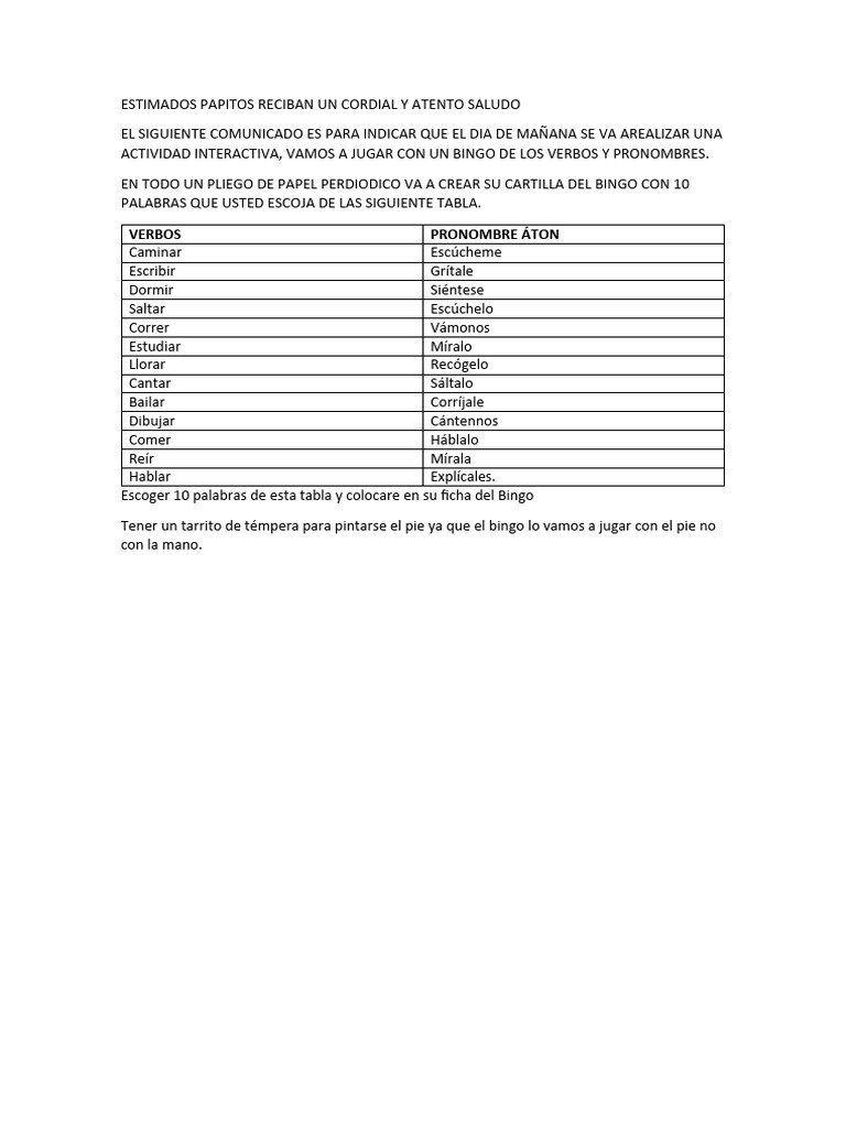 Bingo de Verbos y Pronombres | PDF