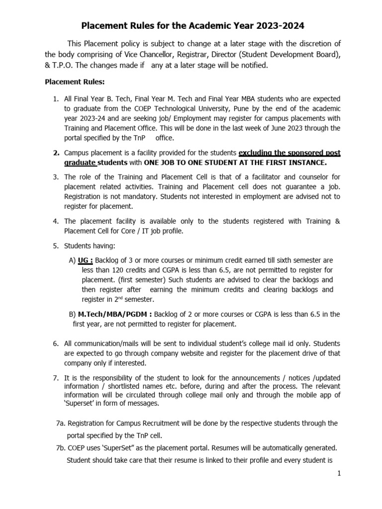 COEP Placement Rules 2023-2024 | PDF