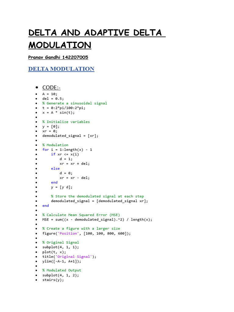 Delta and Adaptive Delta Modulation | PDF | Algorithms | Telecommunications