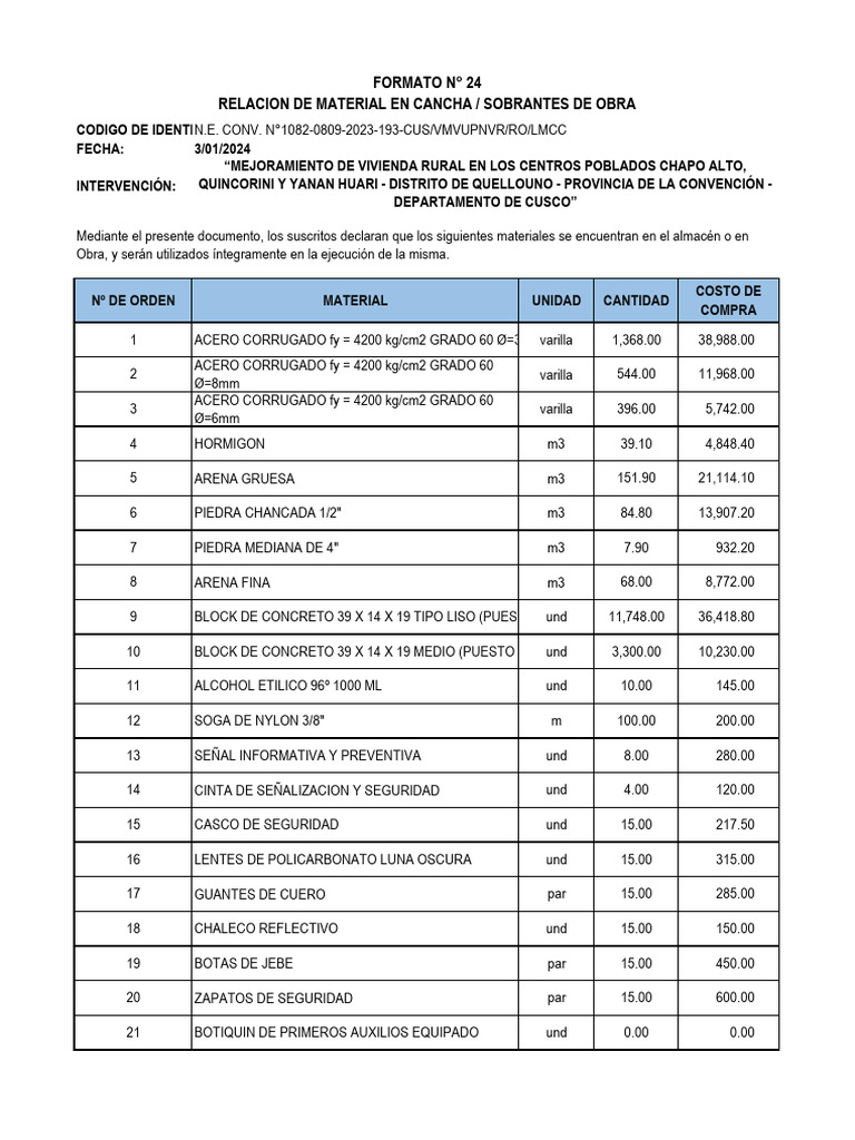 Plantilla de Relacion de Material en Cancha o Sobrante de Obra | PDF ...